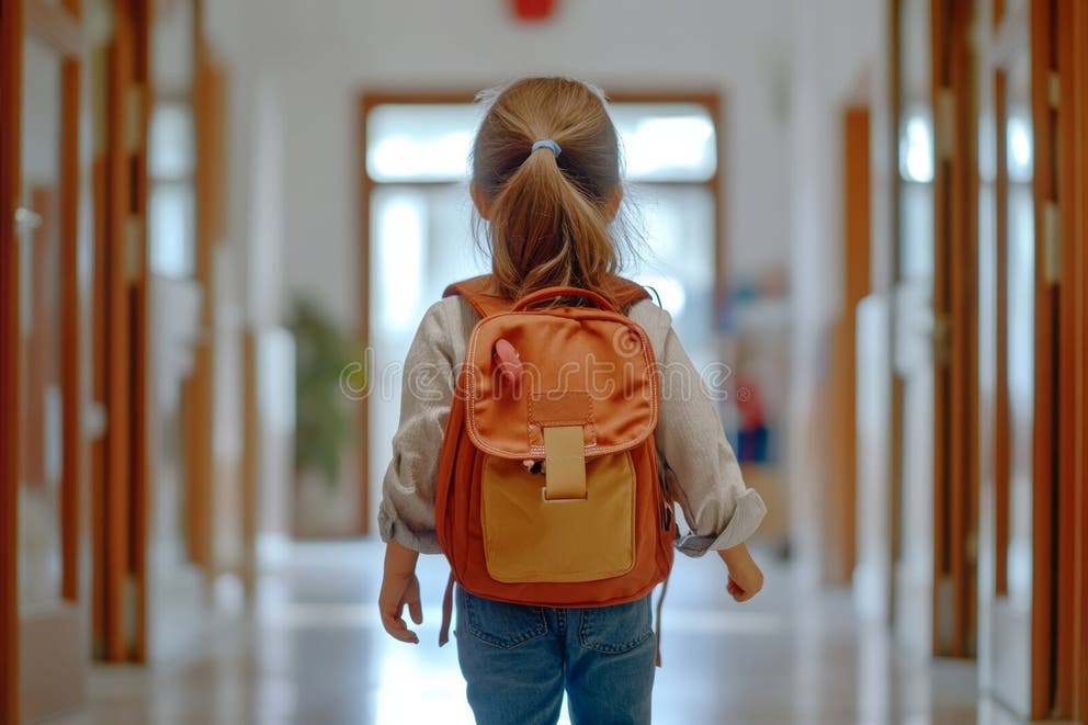 Back View of a Girl Kid Entering the Classroom with His Backpack. Stock ...