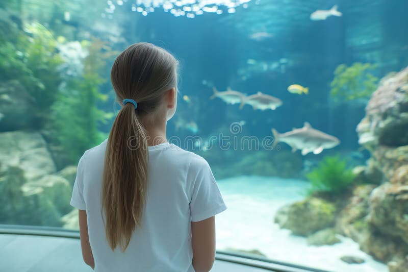 Back View of a Girl Looking at a Fish in Big Marine Aquarium Stock ...