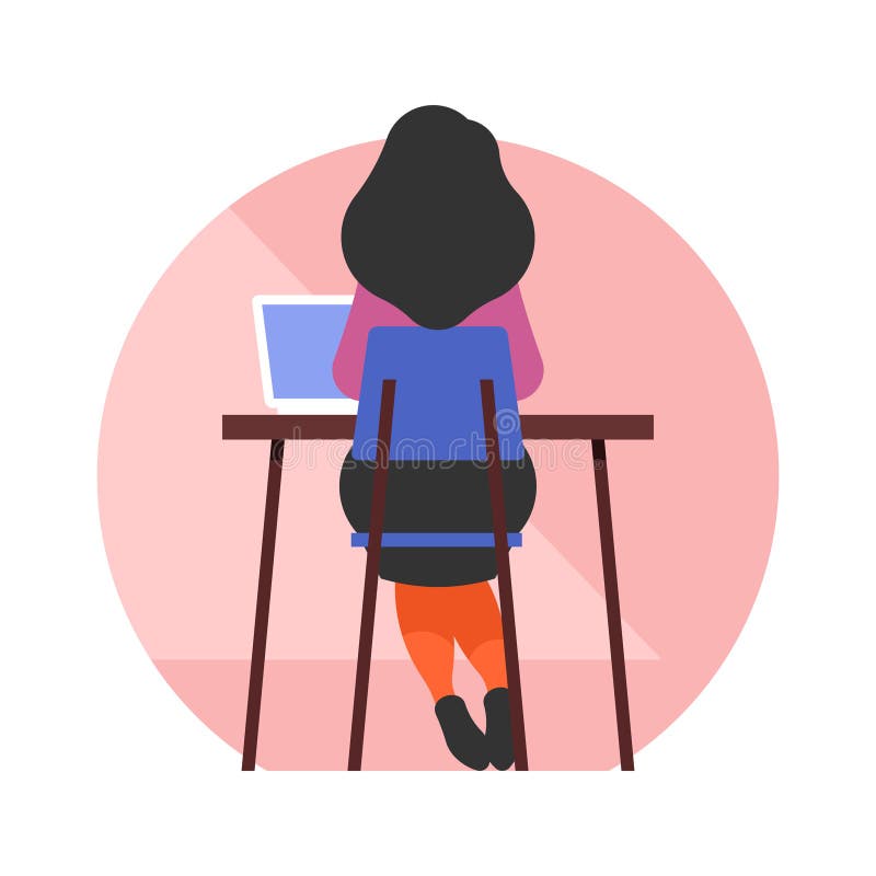 Back View of Girl Sitting at Table and Using Laptop Stock Illustration ...