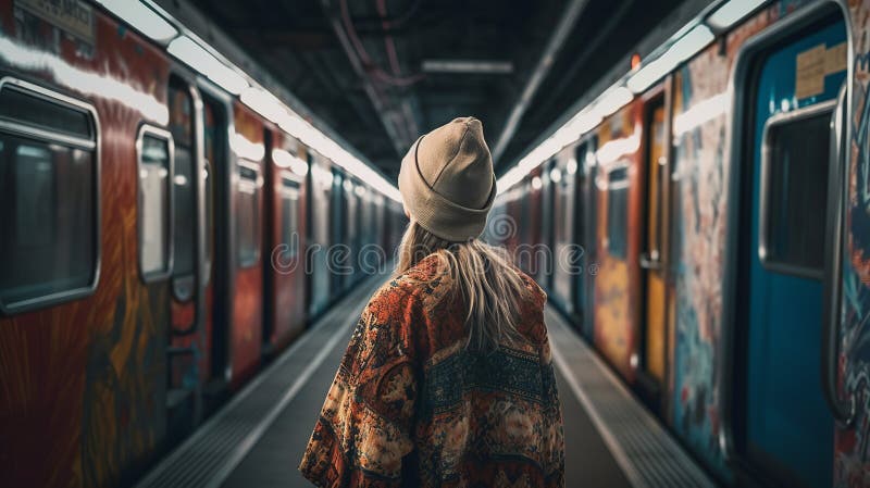 Back View of a Girl Standing on an Subway Platform, Watching a Train ...