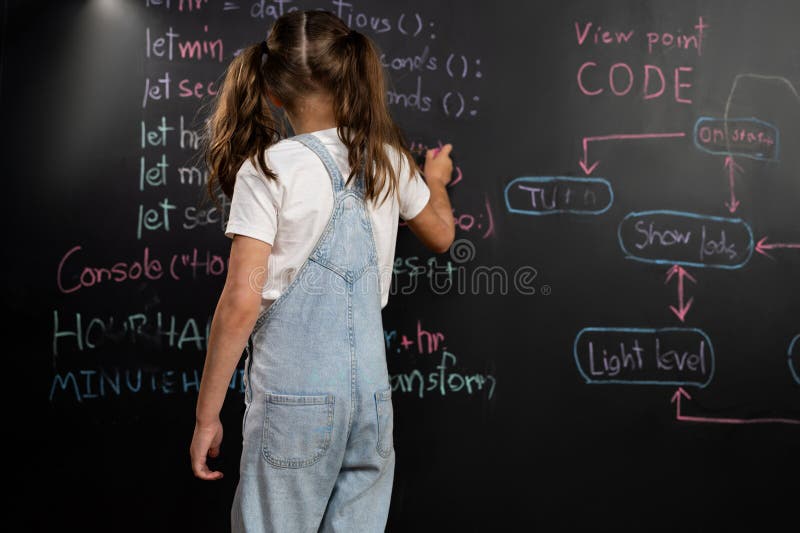 Back View of Girl Write the Code about Getting Time on Blackboard ...