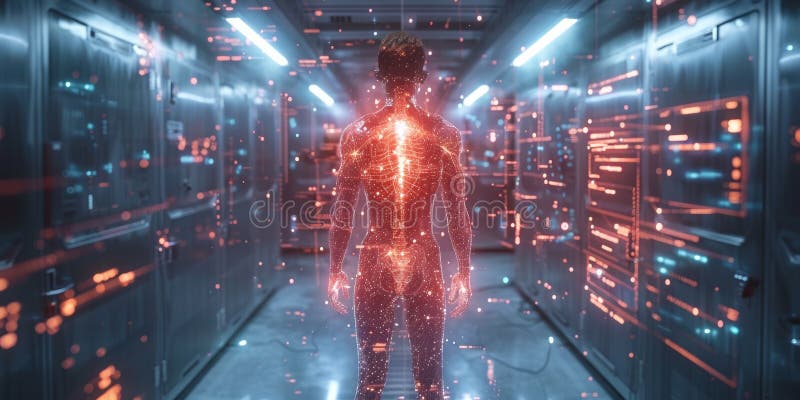 Back View of a Glowing Human Figure in a High-tech Laboratory ...