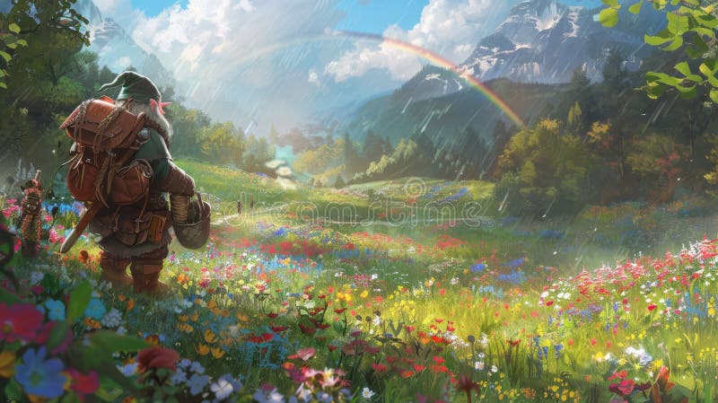 Back View of a Gnome Explorer Trekking through a Vibrant Meadow with a ...