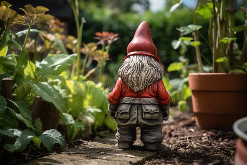 Back View of Small Gnome Figurine with Red Hat in Garden Stock ...