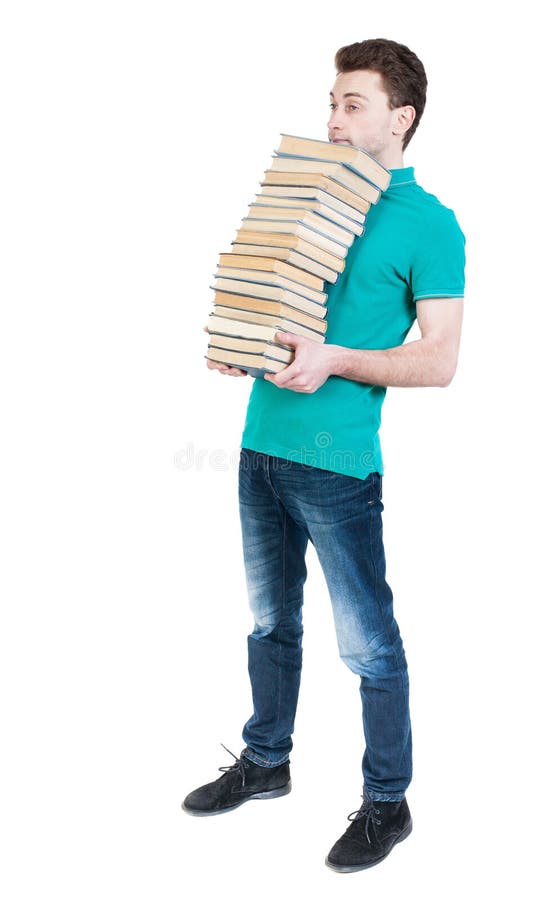 Back View of Going Handsome Man Carries a Stack of Books. Stock Image ...
