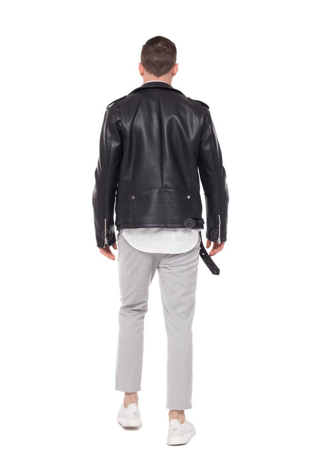 Back View of Going Handsome Man in a Leather Jacket and Trouser Stock ...