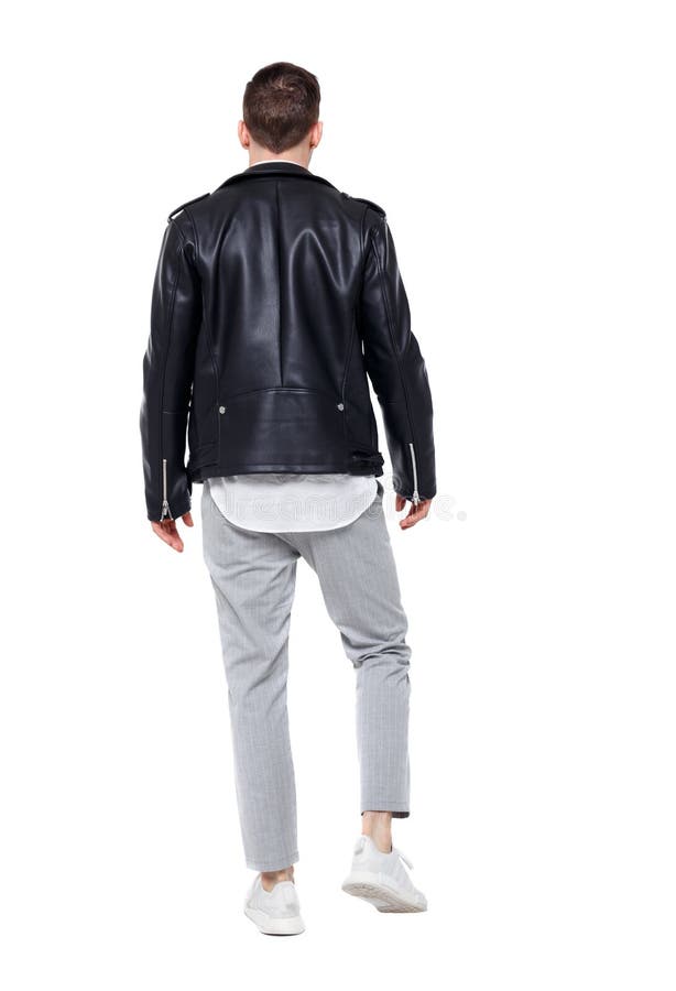 Back View of Going Handsome Man in a Leather Jacket and Trouser Stock ...