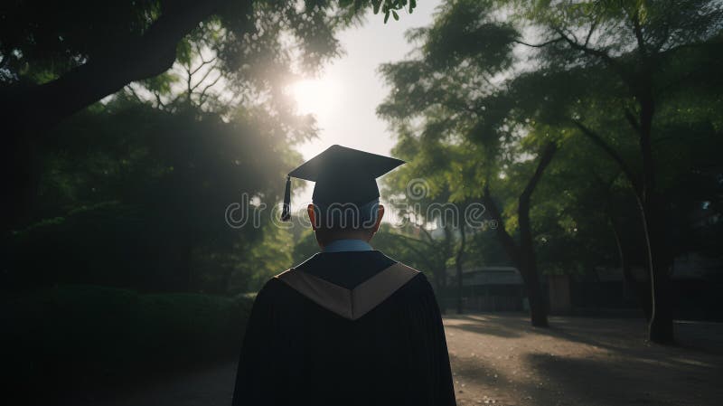 Back View of a Graduation Man in Cap and Gown Standing in the Park ...