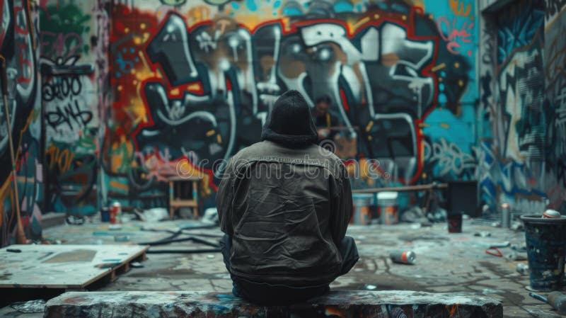 Back View of a Graffiti Artist at Work. Stock Photo - Image of wall ...