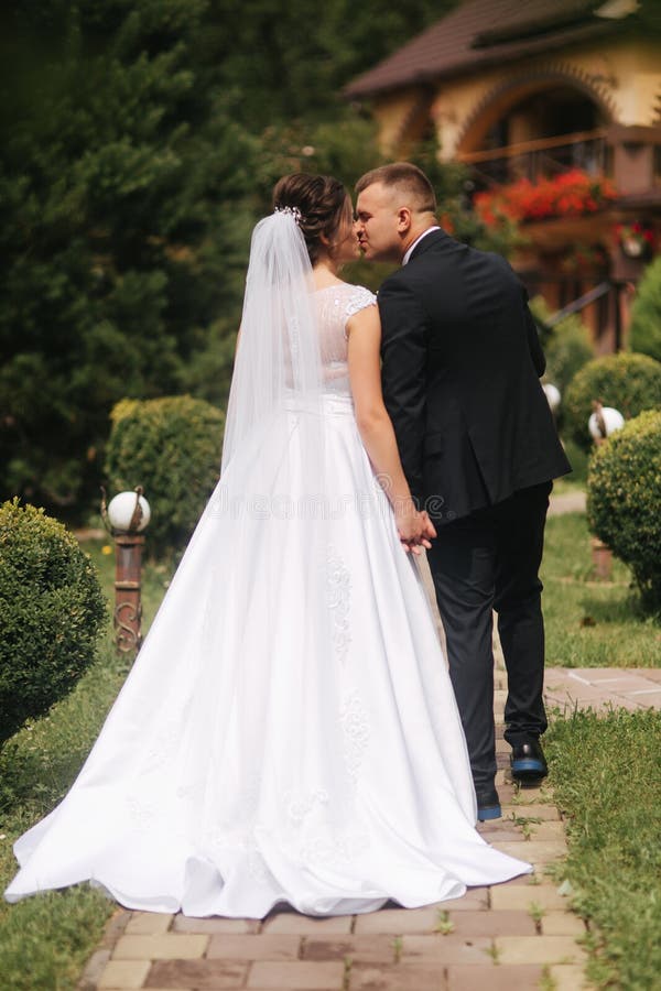 Back View of Groom and Bride. Couple Walks in the Park Stock Photo ...