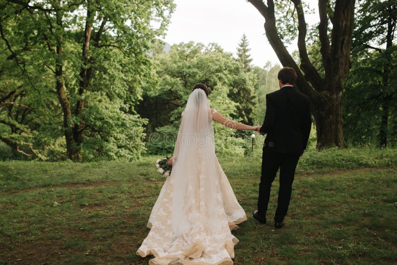 Back View of Groom and Bride Walking in the Forest Stock Image - Image ...