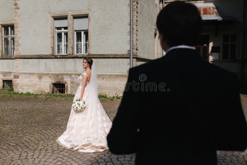 Back View of Groom Standing Back and Looking on His Bride Stock Image ...