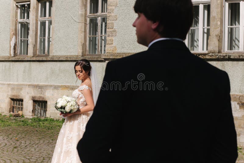 Back View of Groom Standing Back and Looking on His Bride Stock Photo ...