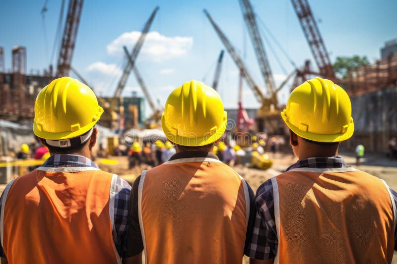 Back View of a Group of Construction Workers at a Construction Site ...