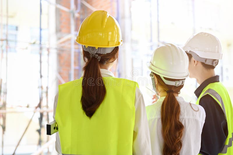 Back View, a Group of Engineer, Architect or Construction Inspector in ...