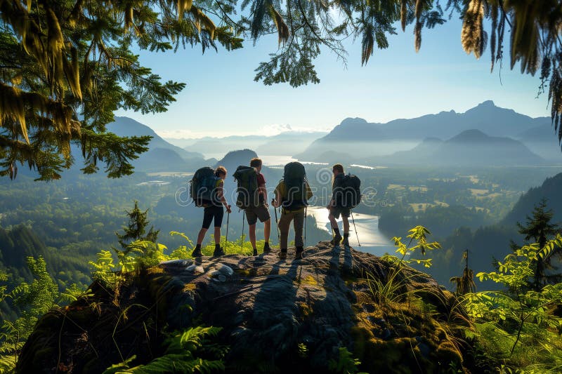 Back View of a Group Hiker Adventure through a Forest, Framed by the ...