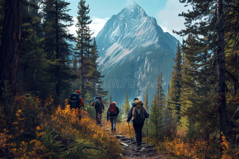 Back View of a Group Hiker Adventure through a Forest Path, Framed by ...