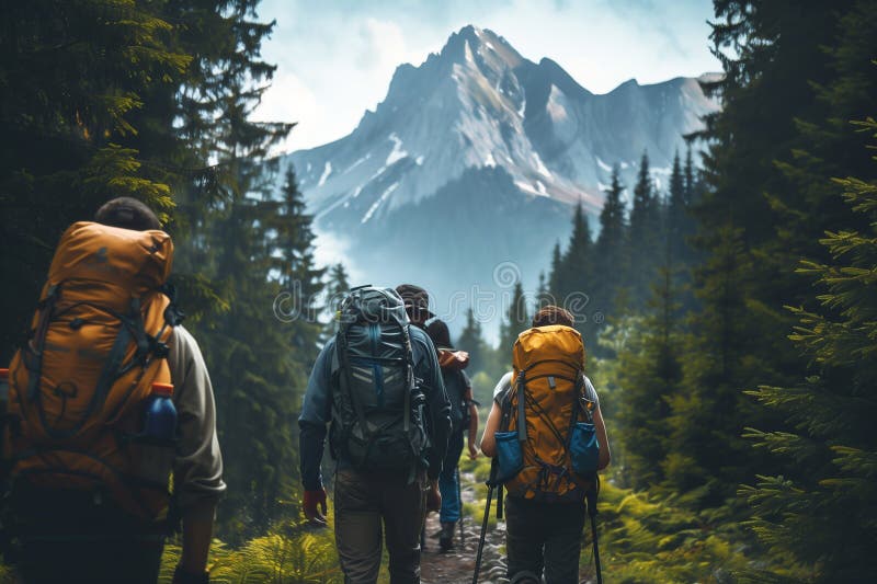 Back View of a Group Hiker Adventure through a Forest Path, Framed by ...