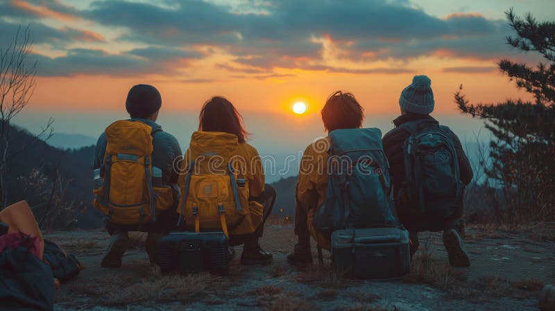 Back View of Group of Hikers with Backpacks Looking at Sunset on the ...