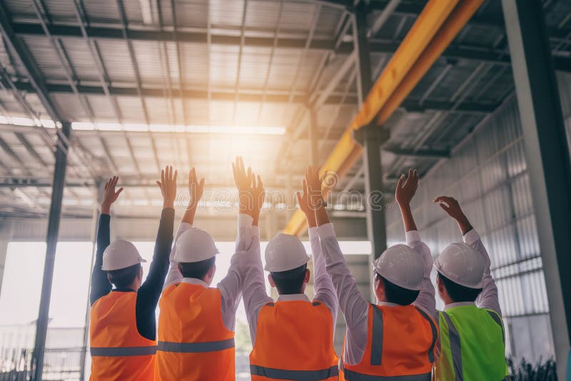 Back View. Group of Industrial Warehouse Worker in and Safety Suite ...