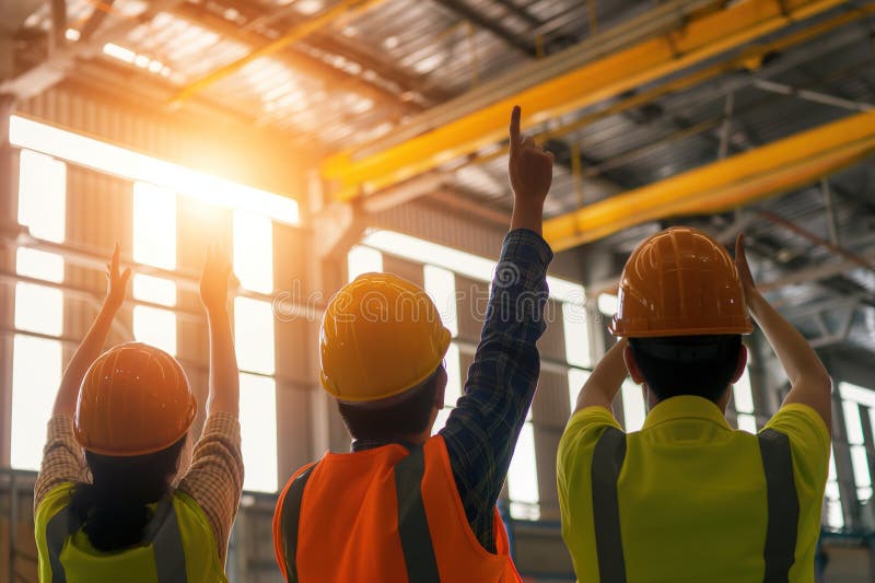 Back View. Group of Industrial Warehouse Worker in and Safety Suite ...
