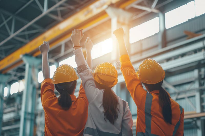 Back View. Group of Industrial Warehouse Worker in and Safety Suite ...