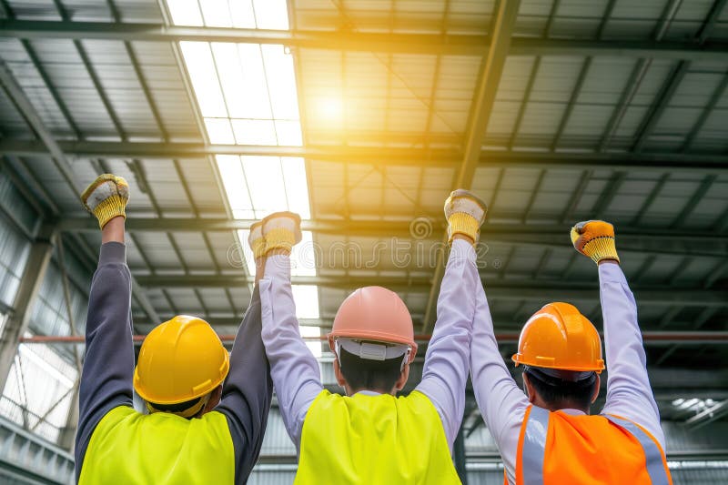 Back View. Group of Industrial Warehouse Worker in and Safety Suite ...
