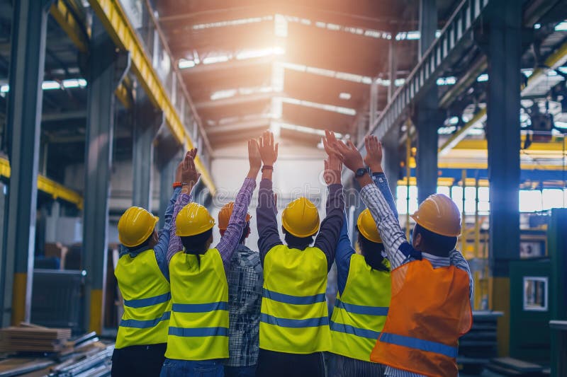 Back View. Group of Industrial Warehouse Worker in and Safety Suite ...
