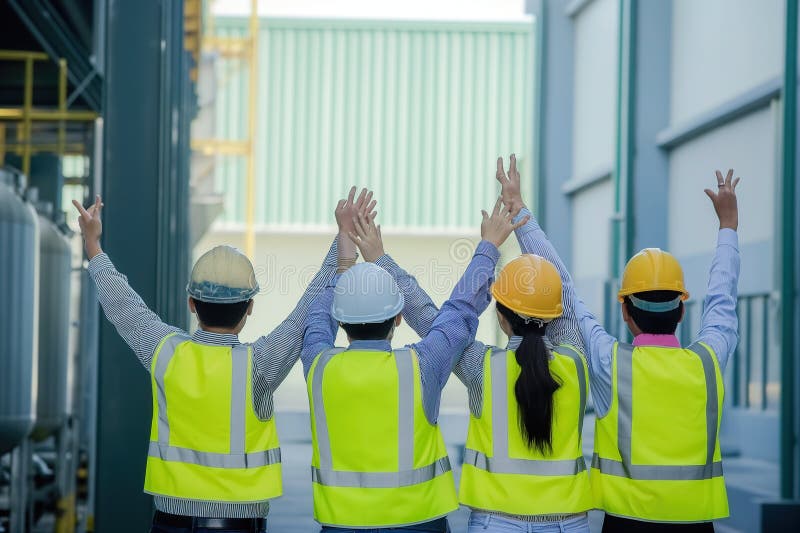 Back View. Group of Industrial Warehouse Worker in and Safety Suite ...