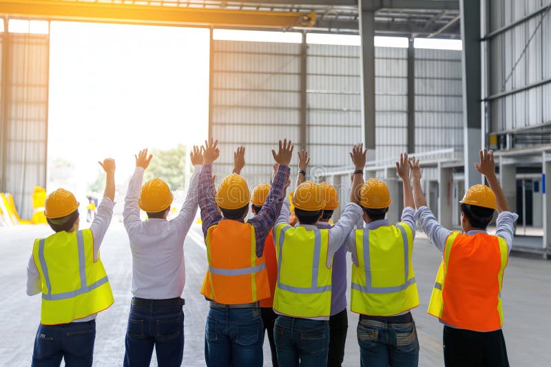 Back View. Group of Industrial Warehouse Worker in and Safety Suite ...