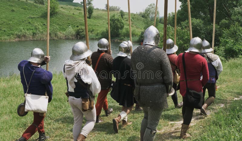 Back View of Group Medieval Knights Going on the Battle. Stock Photo ...
