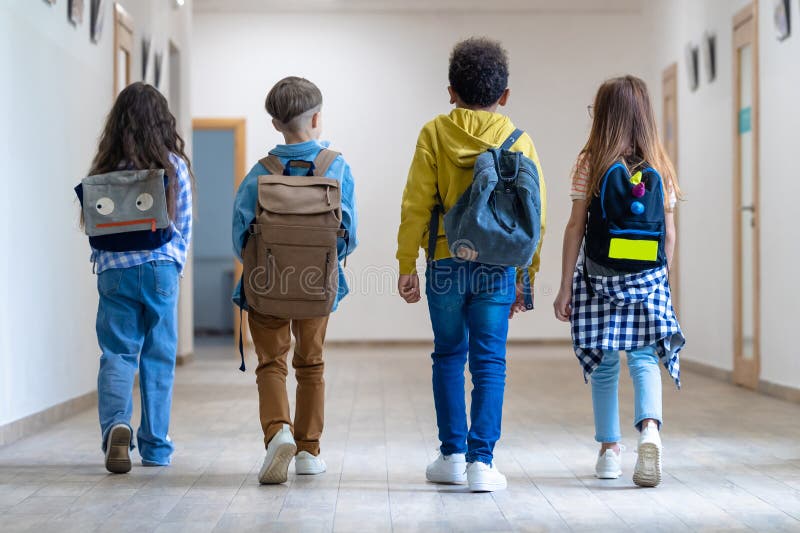 Back View of Group of School Kids Walking in Corridor. Stock Image ...