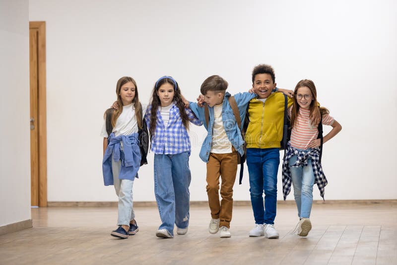 Back View of Group of School Kids Walking in Corridor. Stock Photo ...
