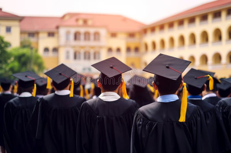 Back View of a Group of Students at Graduation with Graduation Caps ...