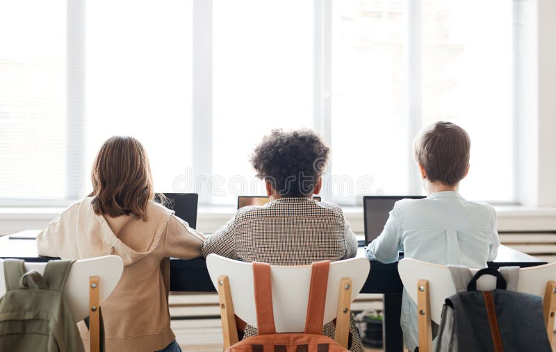 Kids Using Computers in School Back View Stock Image - Image of laptop ...