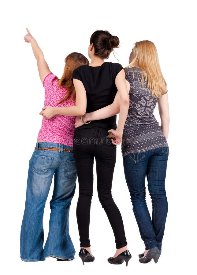 Back View of Group Beautiful Women Pointing at Wall. Stock Image ...