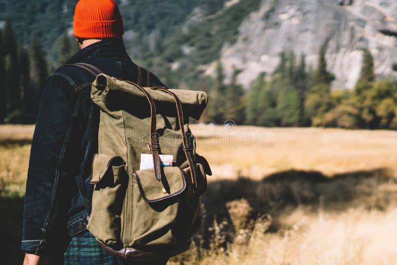 Back View of Guy Wanderlust in Mountain during Hiking Tour Strolling ...