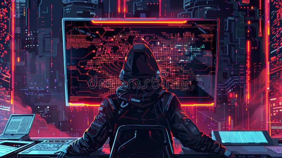 Back View of a Hacker Accessing Digital Interface with Glowing Blue ...