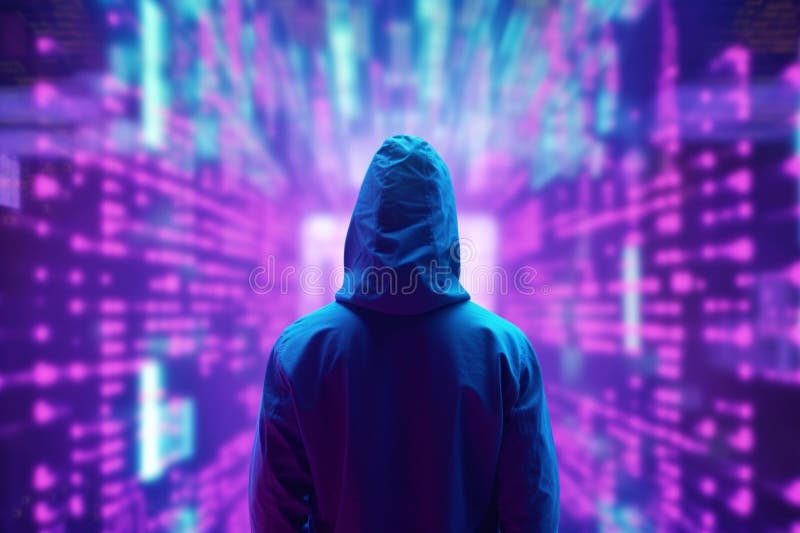 Back View of a Hacker Blending into a Blurry Abstract Metaverse. Stock ...