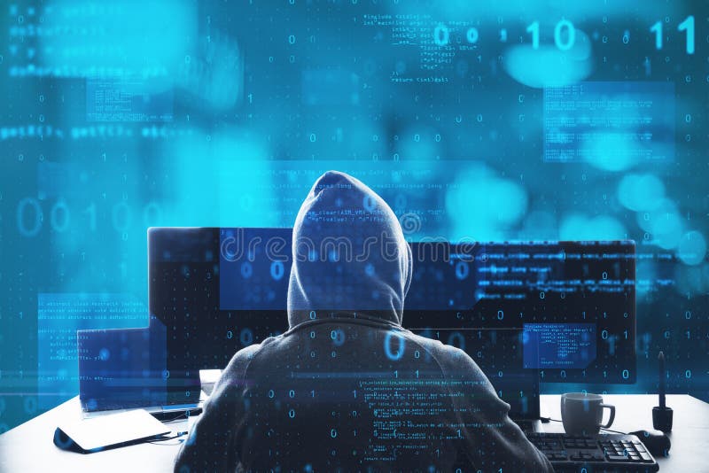 Back View of Hacker at Desktop Using Computer with Abstract Glowing Blue Coding Background ...