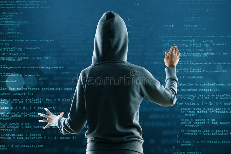 Back View of Hacker in Hoodie on Abstract Coding Background. Hacking ...
