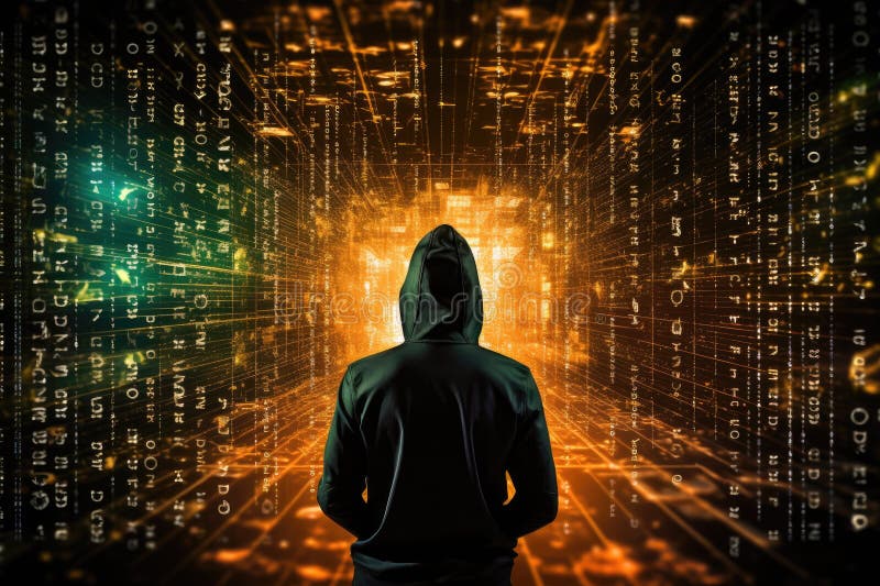 A Hacker in a Hoodie Standing in Front of a Glowing Matrix Background, Depict an Anonymous ...