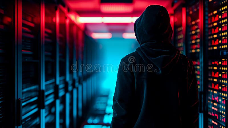 Back View of Hacker in Hoodie Standing among Illuminated Servers Stock ...