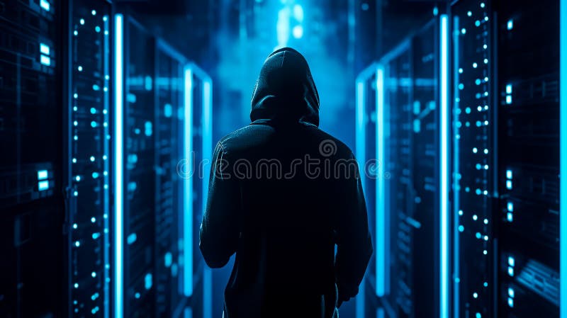 Back View of Hacker in Hoodie Standing among Illuminated Servers Stock ...