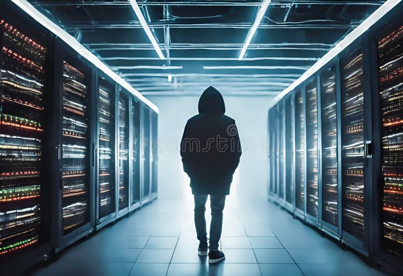 Back View of Hacker in Hoodie Standing among Illuminated Servers ...