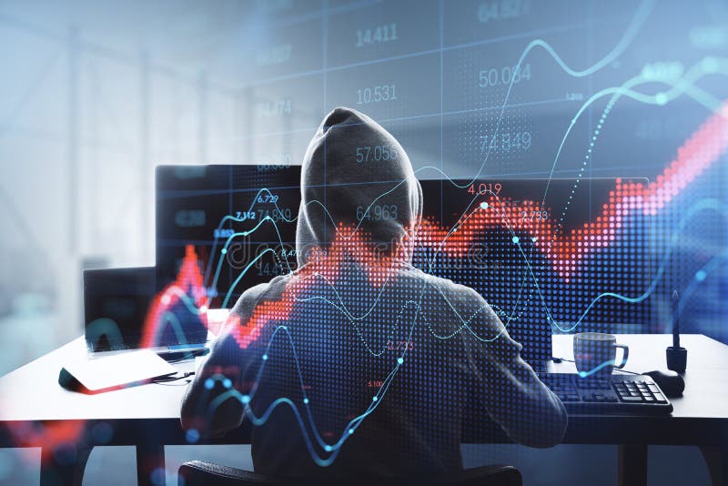 Back View of Hacker in Hoodie Using Computers at Desktop with Abstract Red Forex Chart Index on ...