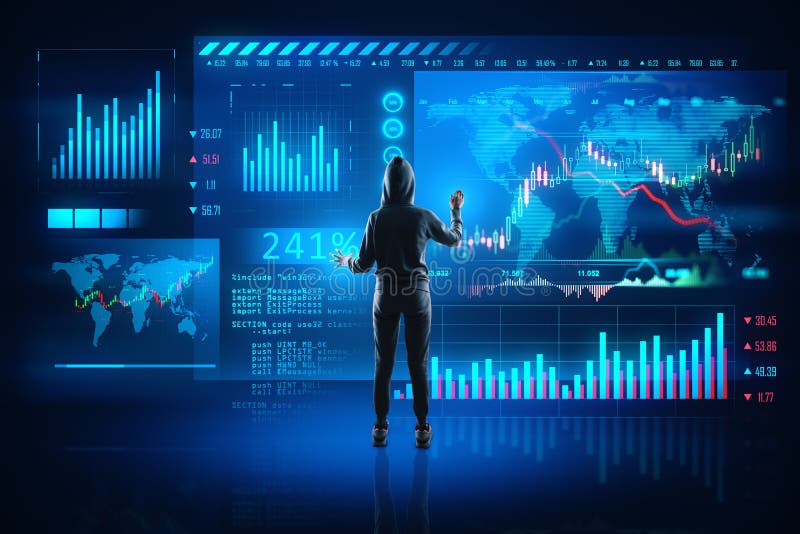 Back View of Hacker in Hoodie Using Glowing Forex Chart Trading ...