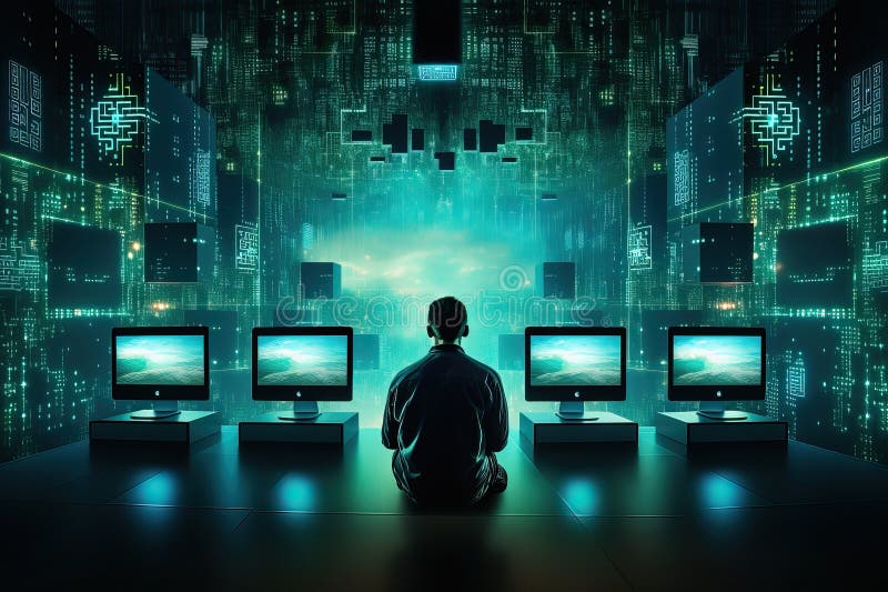 Back View of a Computer Security Specialist Gathers Information while Sitting in Front of ...