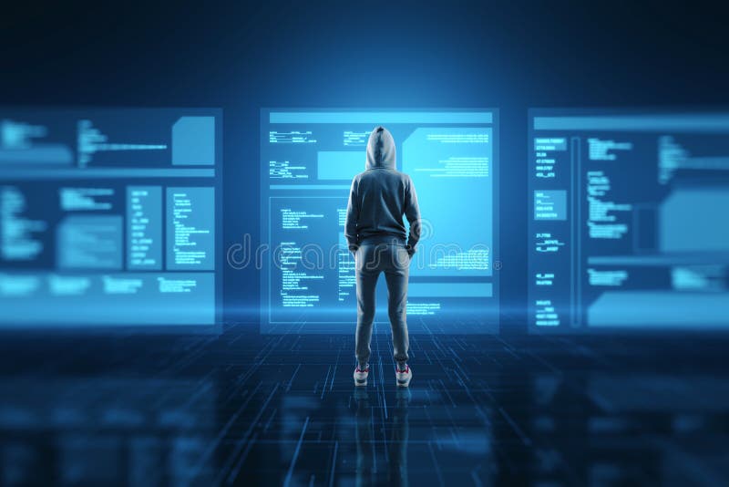 Back View of Hacker Looking at Digital Database Folded on Blurry Blue ...