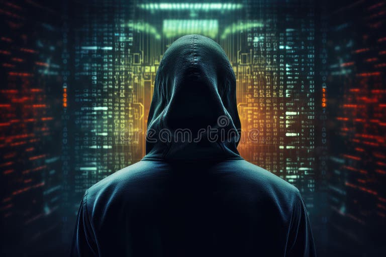 Back View of Hacker Looking Towards a Big Digital Screens while ...